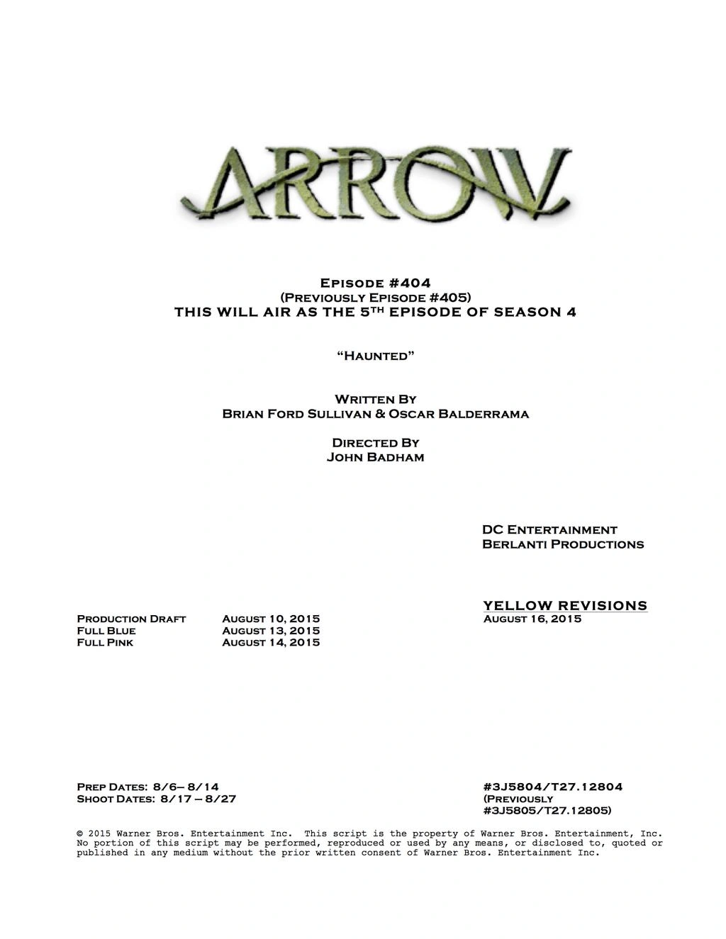 Image - Arrow script title page - Haunted.png | Arrowverse Wiki ...